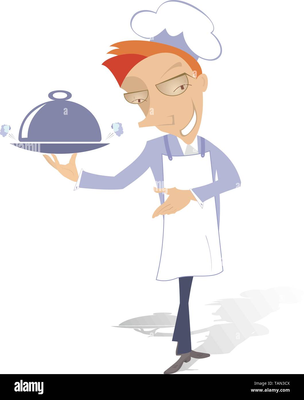 Smiling cook holds a tray with food illustration. Cartoon cook holds a ...