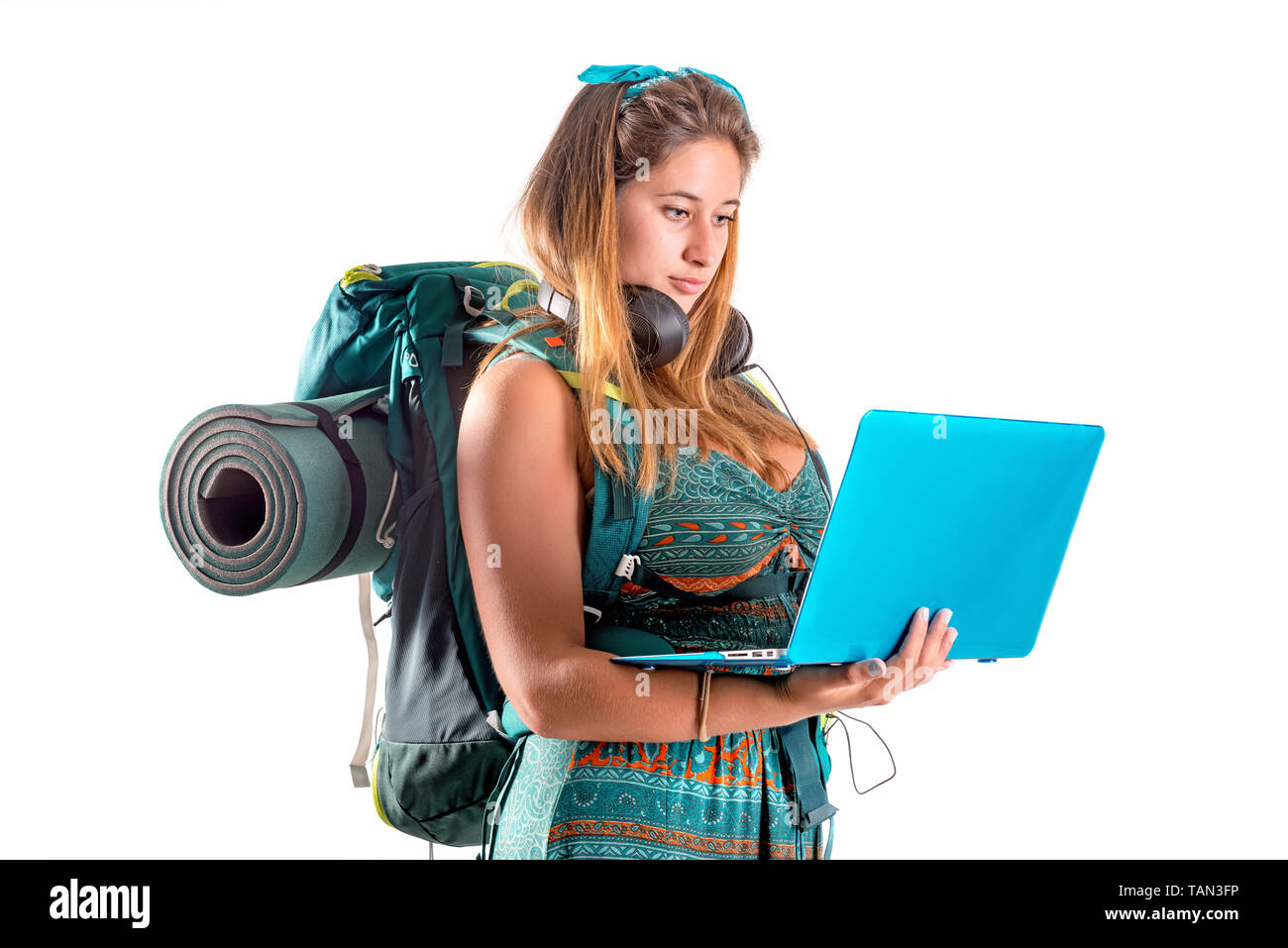 Hiker girl with laptop computer isolated in white, trekking and travel ...