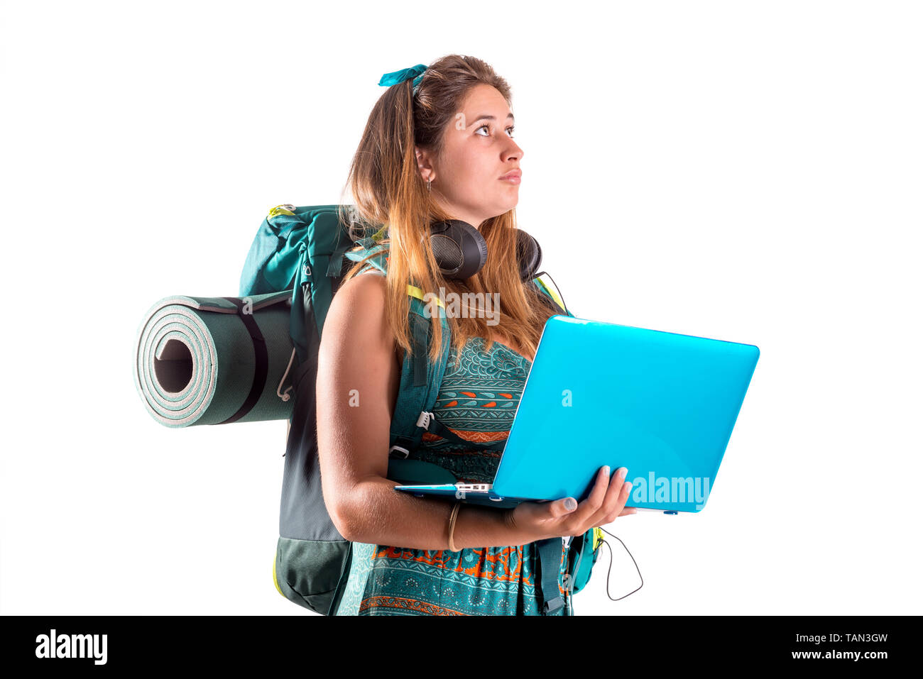 Hiker girl with laptop computer isolated in white, trekking and travel ...
