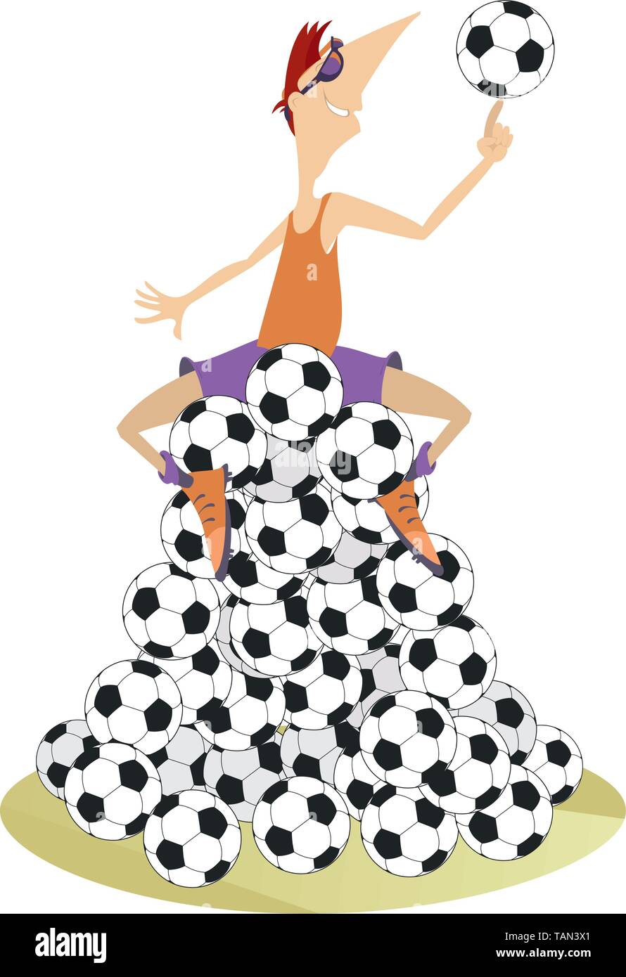 Cartoon laughing football player sits on the big pile of the balls ...