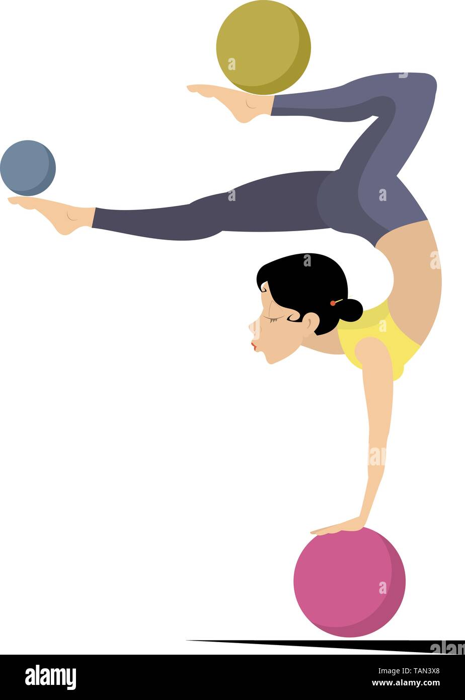 Young woman standing legs up on the ball and doing exercises with the ...