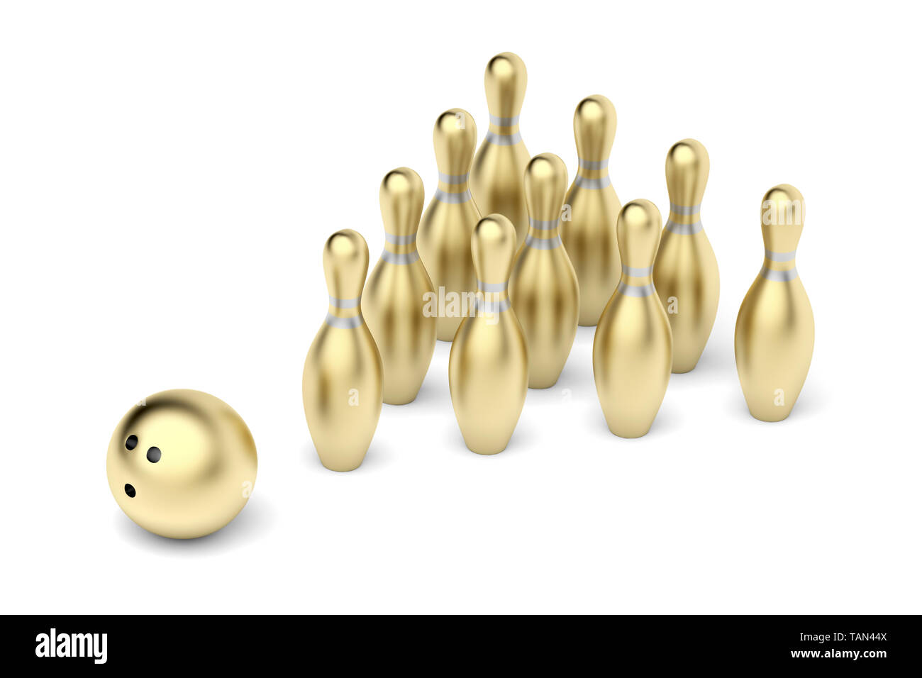 Gold bowling pins and ball on white background Stock Photo - Alamy