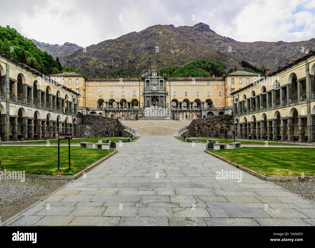 Entrance to the centuries-old sanctuary of Oropa, a place of pilgrimage ...