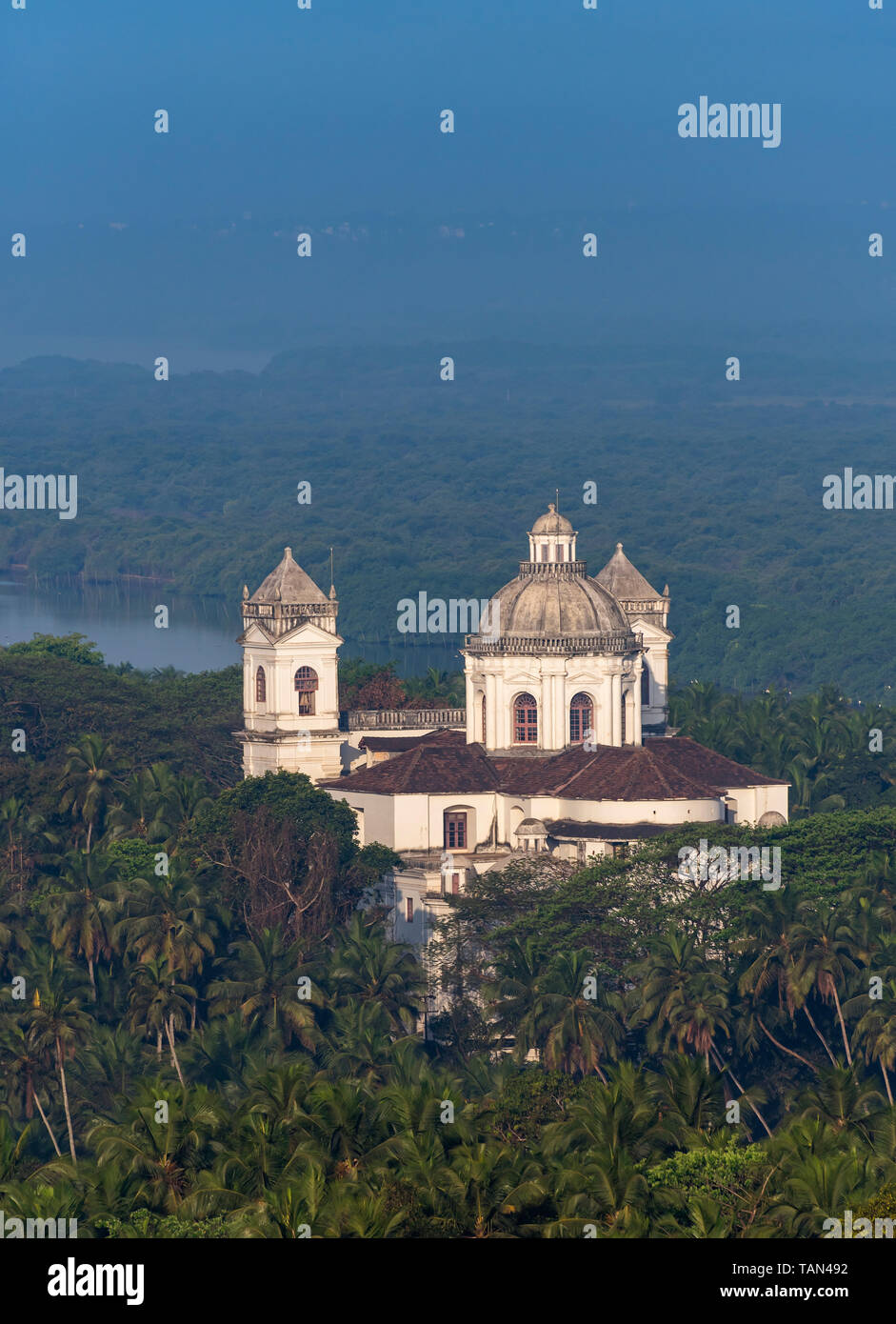 Distant view of St. Cajetan Church among palm trees, Old Goa, India ...