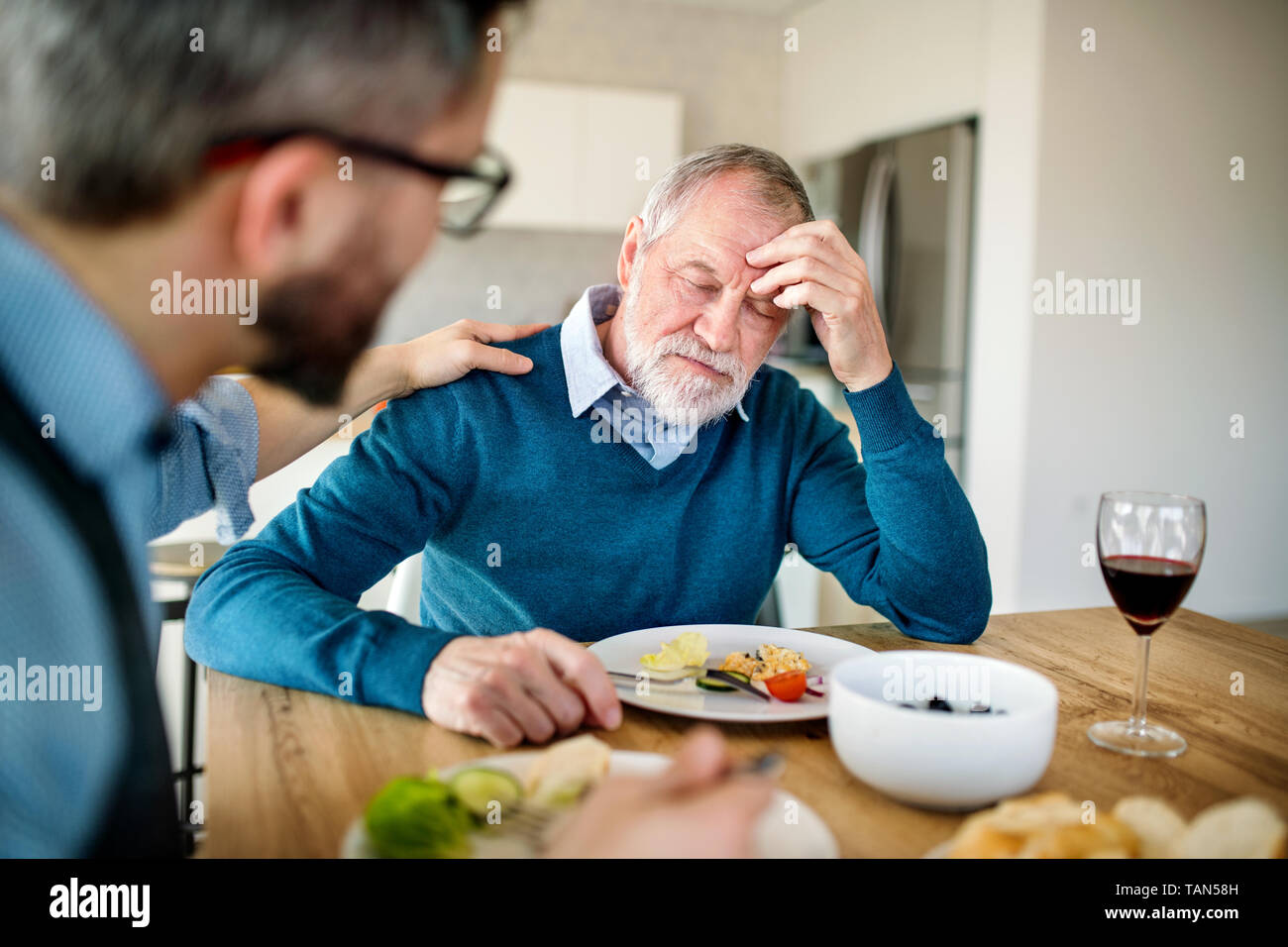 An Adult Hipster Son And Frustrated Senior Father Indoors At Home
