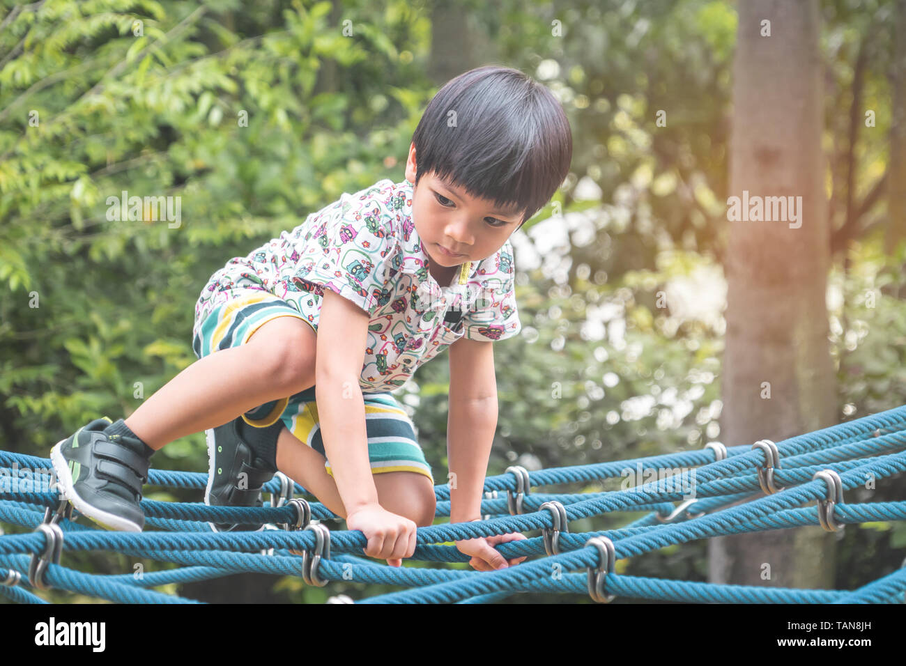 Asian boy is climbing on rope bridge in playground Stock Photo - Alamy