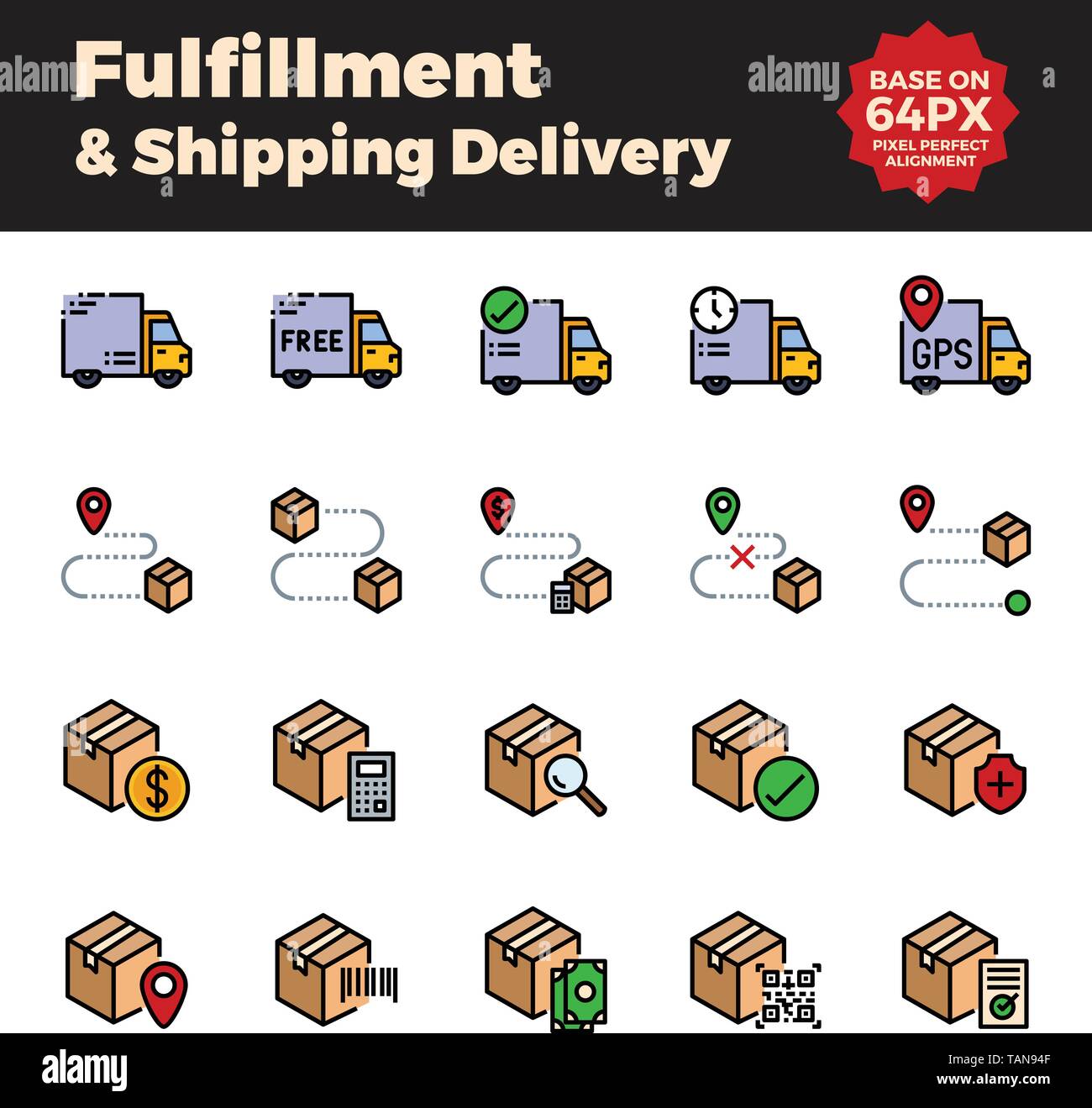 Fulfillment and shipping delivery filled outline icons. Base on 64px ...
