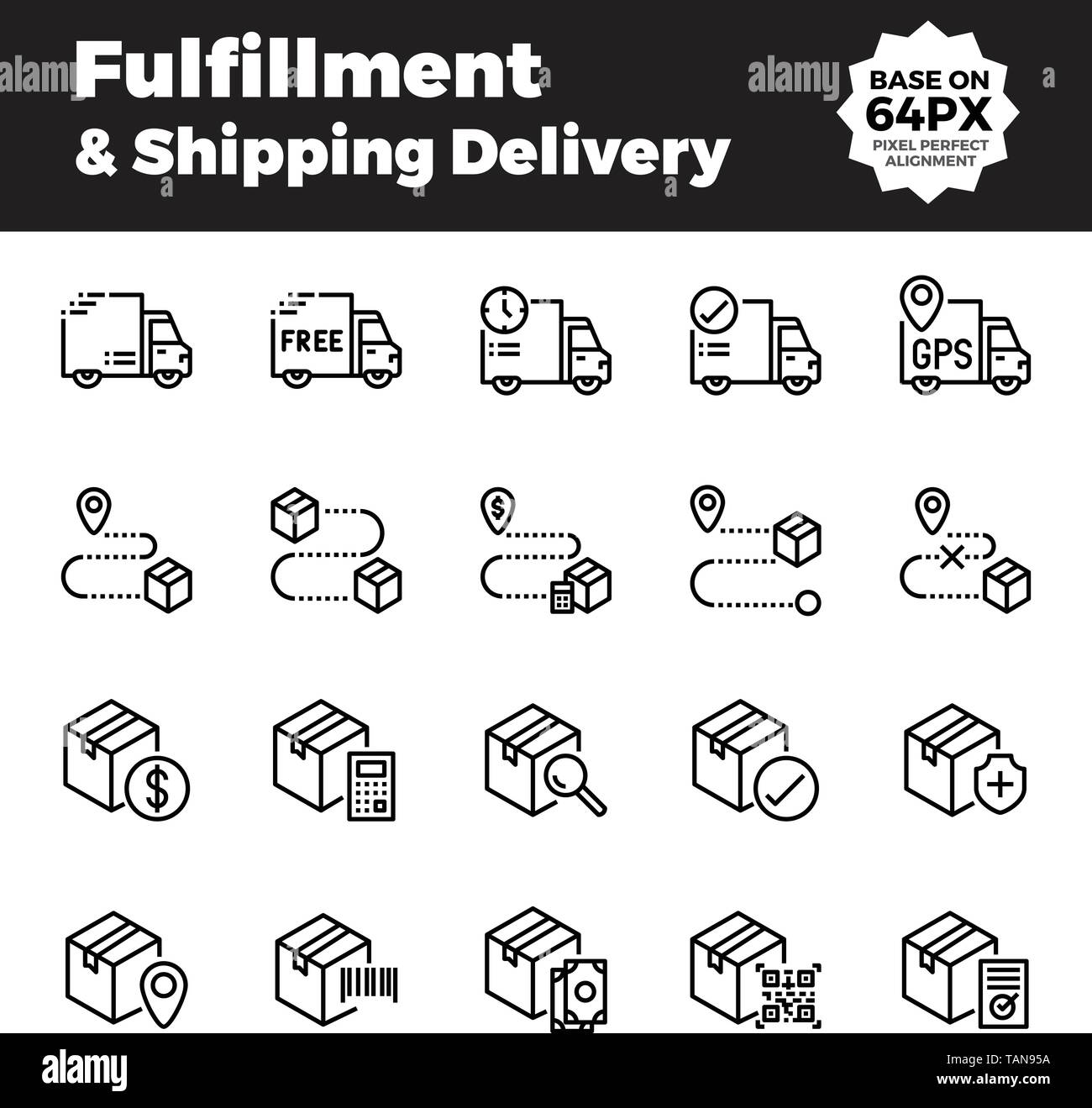 Fulfillment and shipping delivery outline icons. Base on 64px with ...