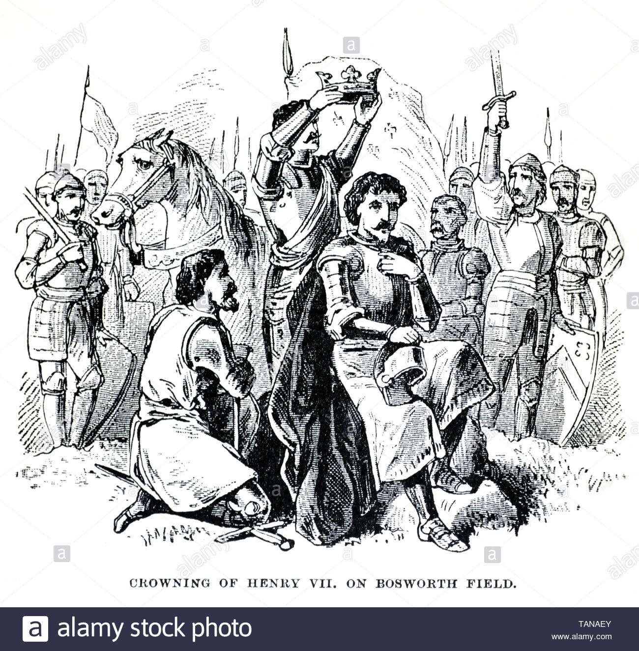 Henry VII, 1457 – 1509, being crowned on Bosworth Field after the ...
