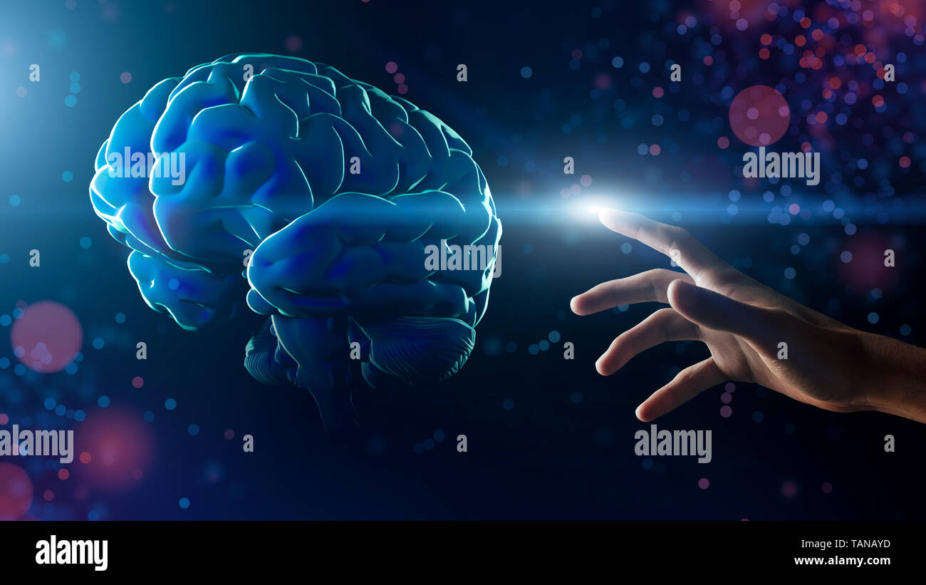 Hand touching artificial brain on glitter background Stock Photo - Alamy