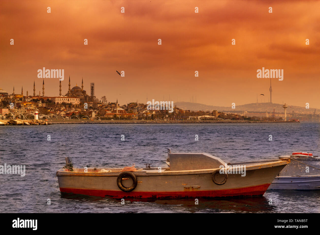 Istanbul landscape small boat sea and mosque Stock Photo - Alamy
