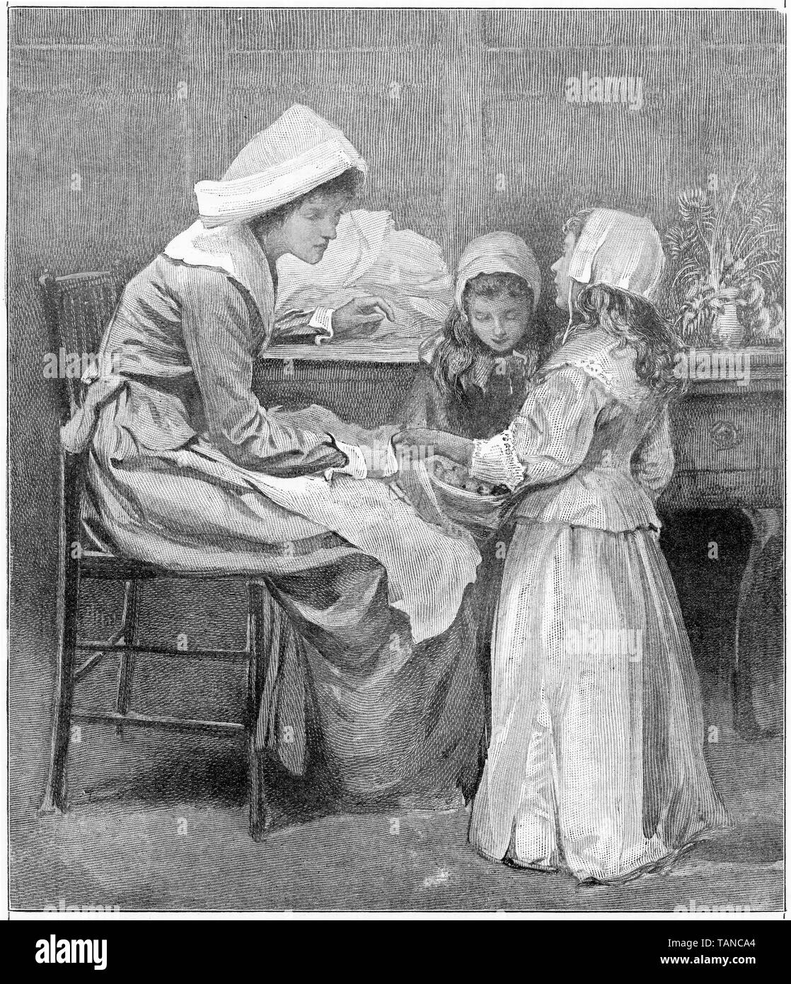 Engraving of a little girl showing her mother a collection of eggs in ...