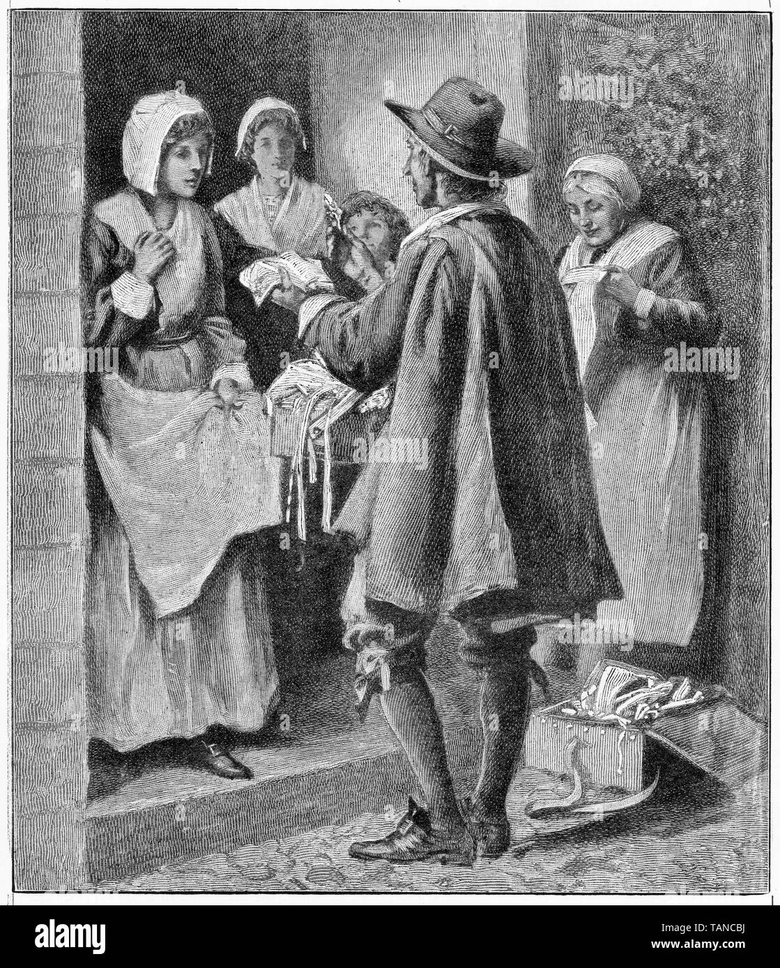 Engraving of a peddlar selling his wares to housewives. From Chatterbox ...