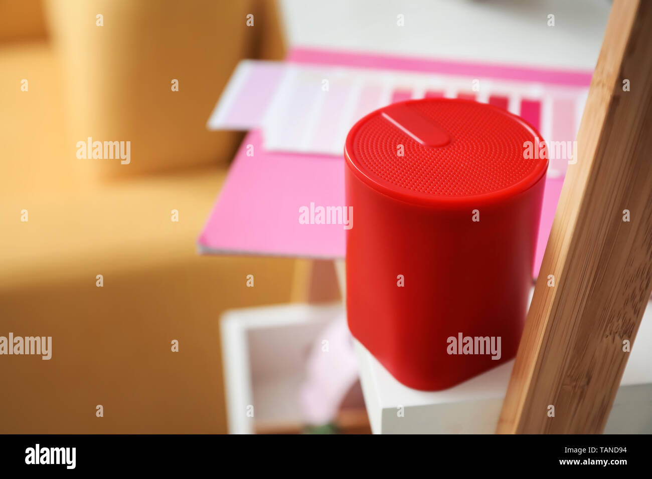Smart home assistant device on shelf in room Stock Photo - Alamy