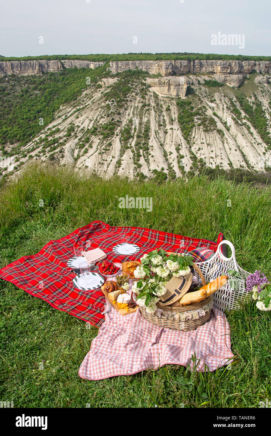 Beautiful picnic in nature in the mountains with a red checkered ...