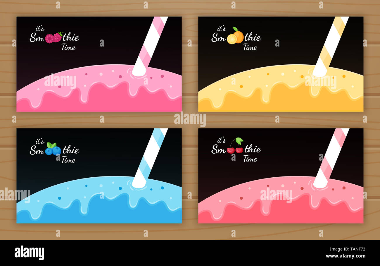 Set of smoothie fruit cocktail flat banner illustration. Tasty natural ...