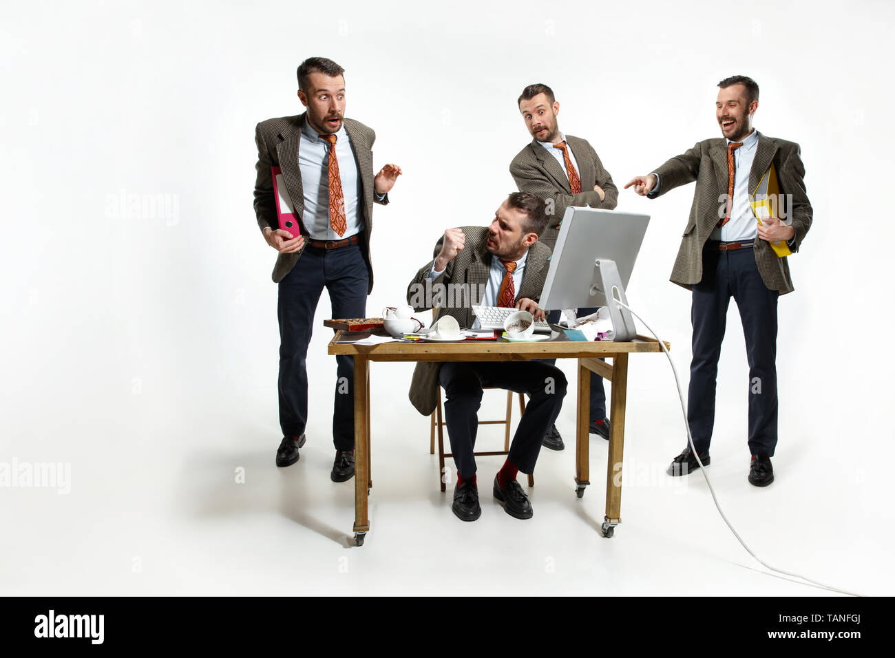 Internal problems. The young man suffering form colleagues laughing at ...