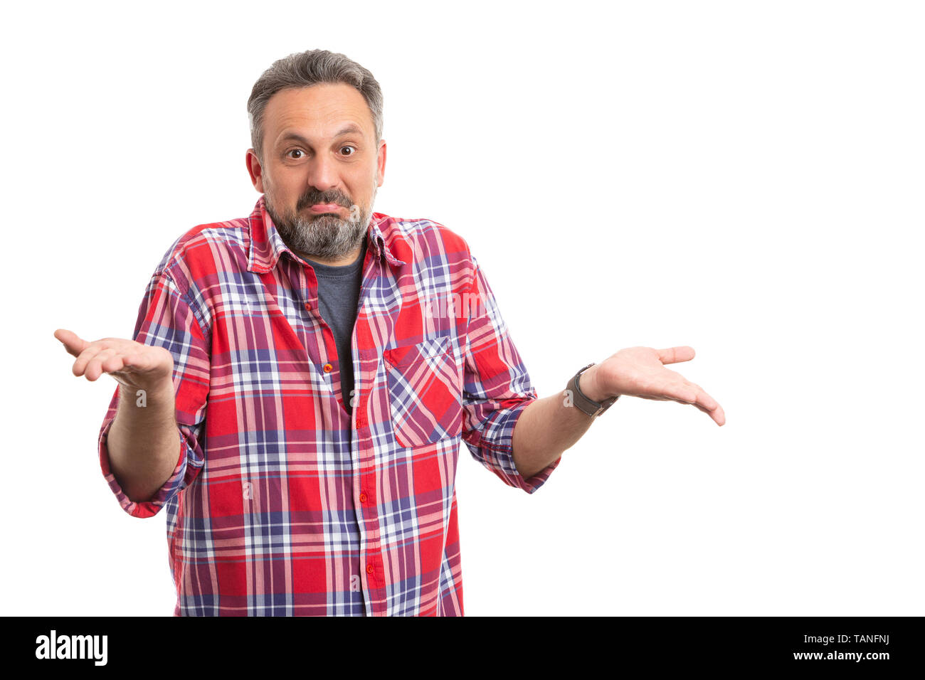 Adult man making confused expression and gesture with palms isolated on ...