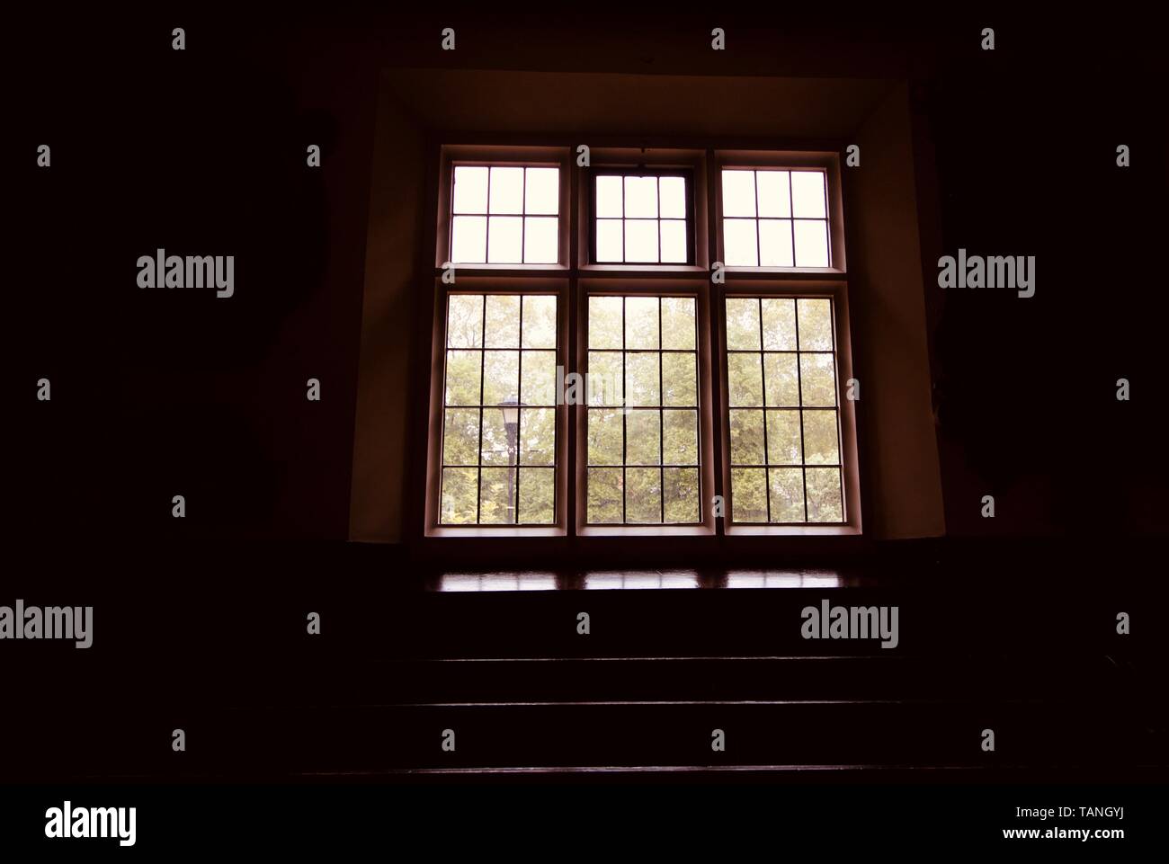 Darkened room showing view out of window - image Stock Photo - Alamy