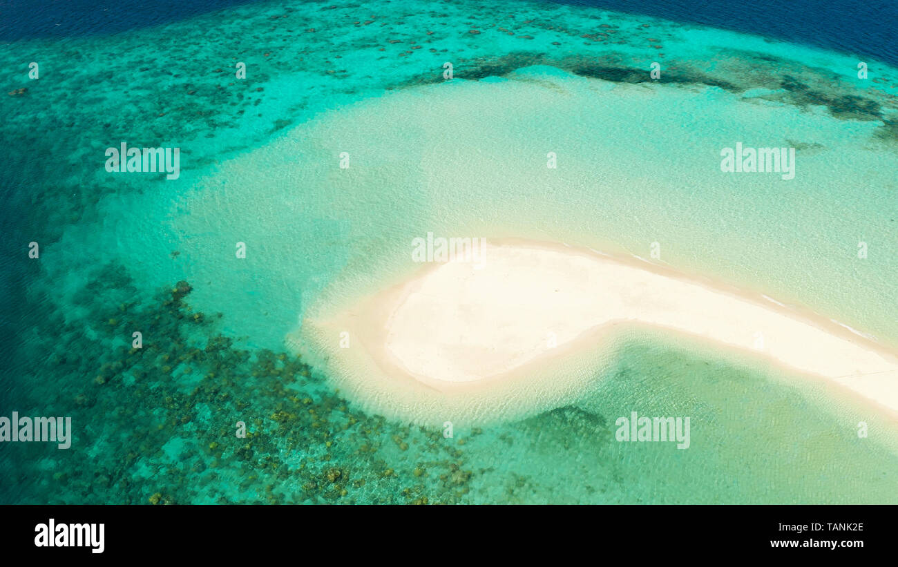 aerial seascape tropical island with sand bar, turquoise water and ...