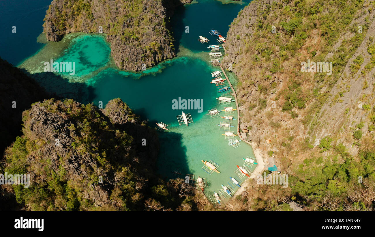 Aerial drone lagoons and coves with blue water among the rocks. lagoon ...