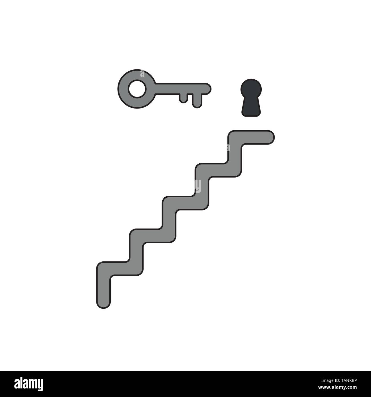 Vector icon concept of keyhole and key at top of stairs. Black outlines ...