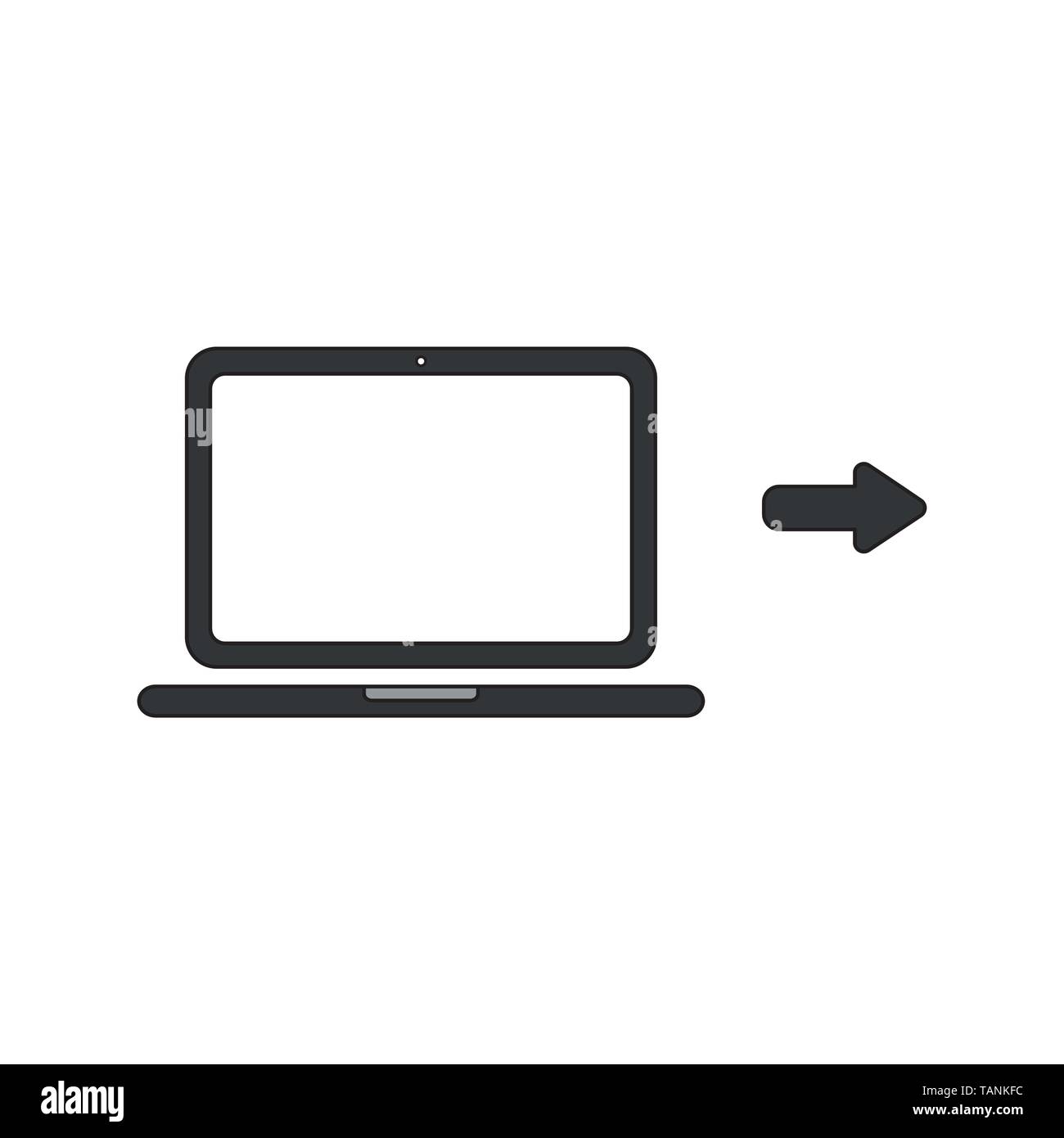 Vector icon concept of laptop computer with arrow pointing right. Black ...