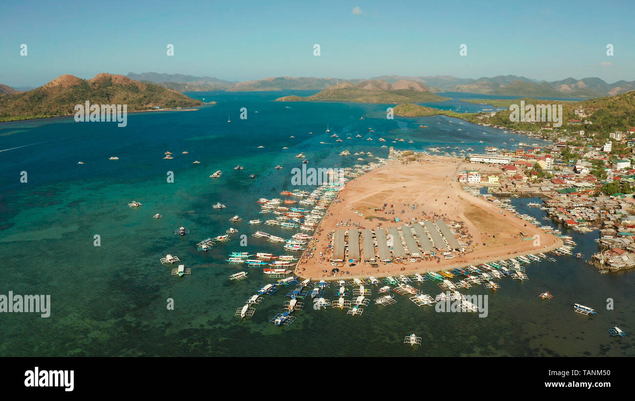 aerial view City Quay with boat dock and public market Coron town ...