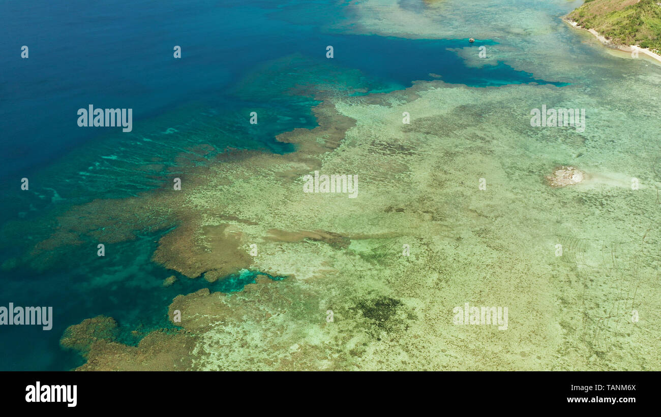 Aerial view lagoon with coral reef, atoll and turquoise water. Busuanga ...