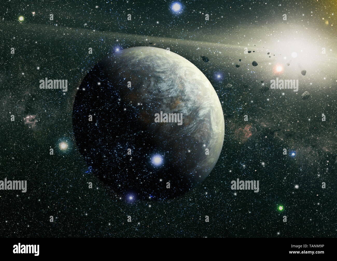 Star field and nebula in deep space many light years far from planet ...