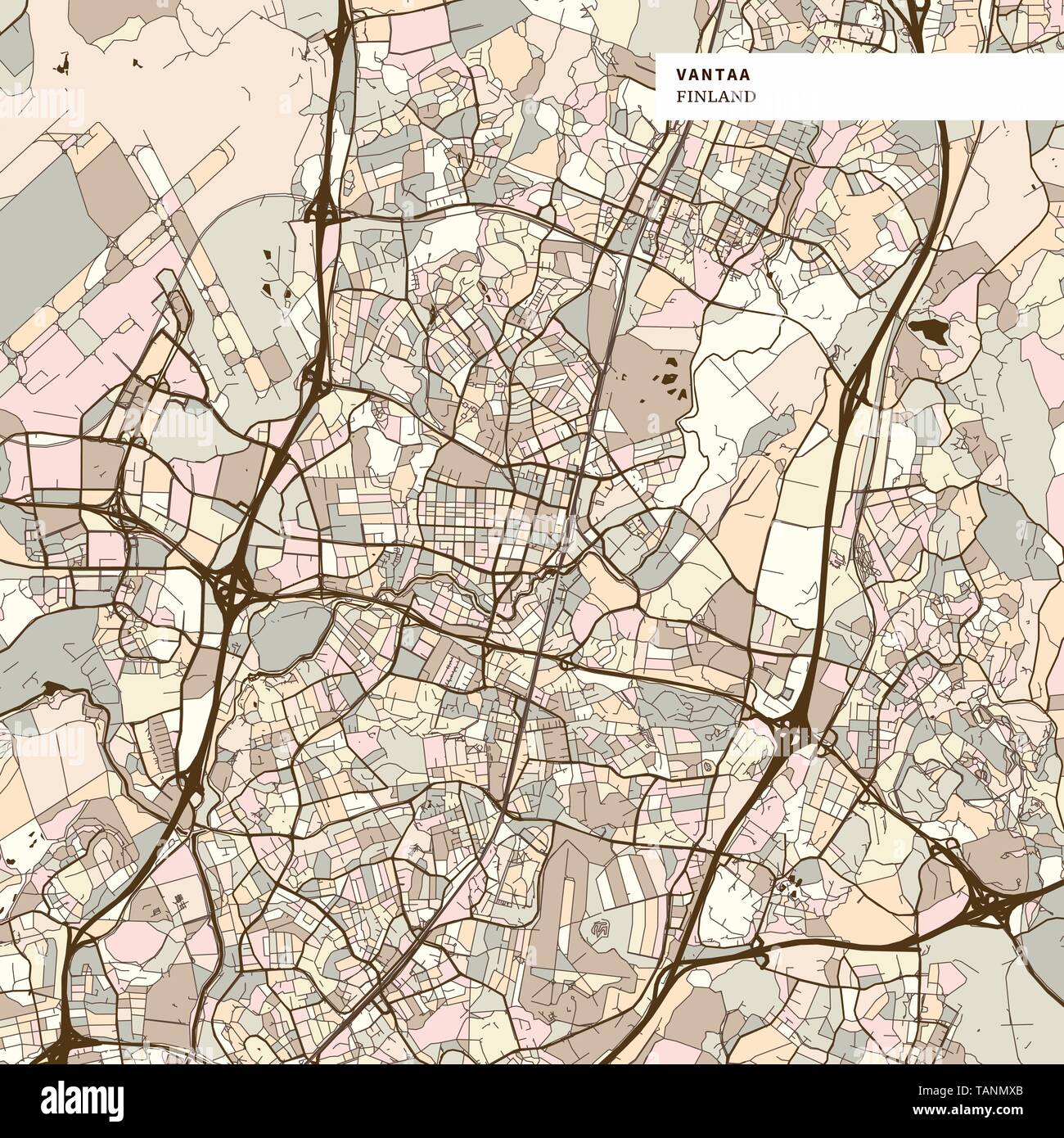 Map of Vantaa Finland, art map print template. Brown colored version ...