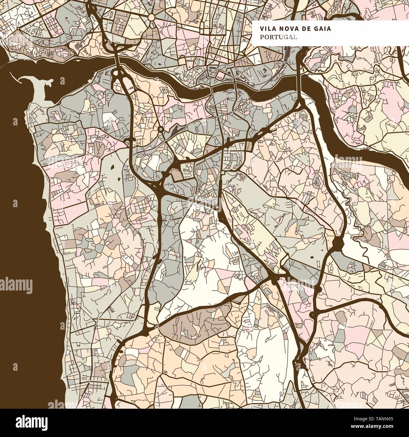 Map of Vila nova de Gaia. Brown colored version for Apps, Print or web ...