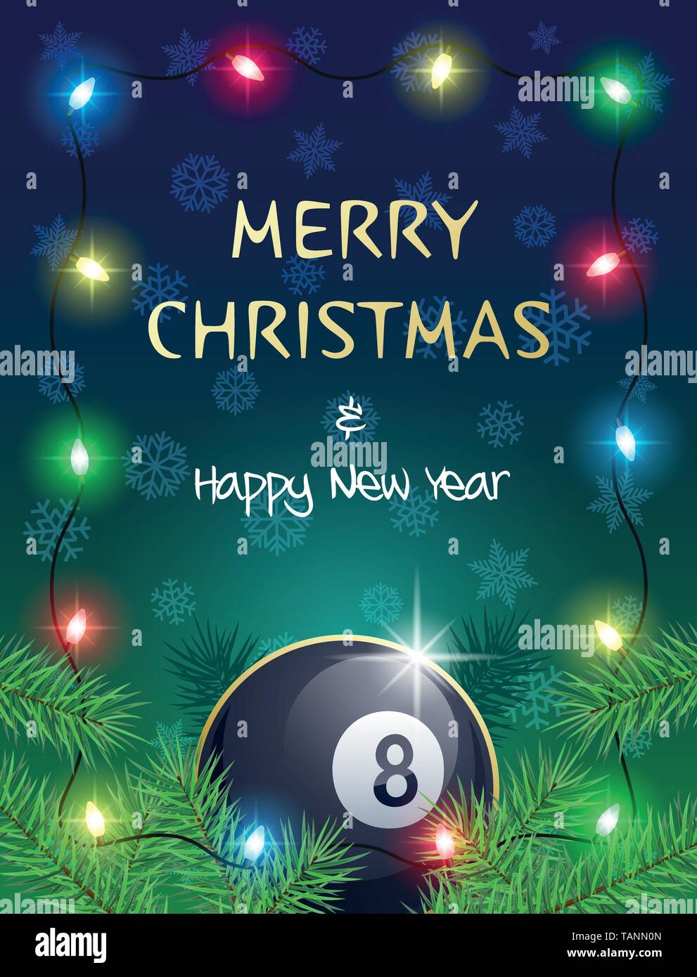 Merry Christmas and Happy New Year. Sports greeting card with Billiard ...