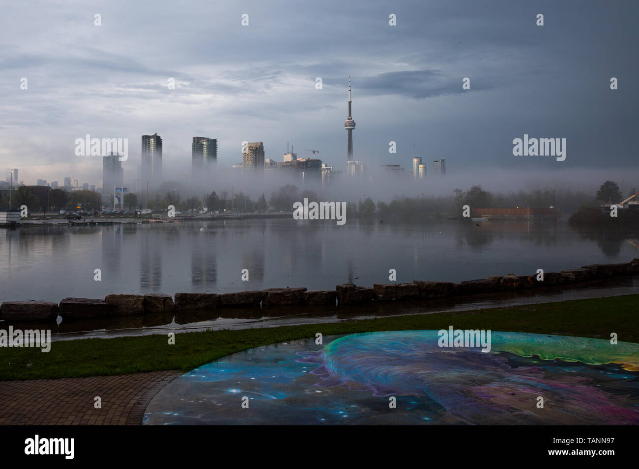 Fog rolls in over the Toronto skyline, featuring the CN Tower on a ...