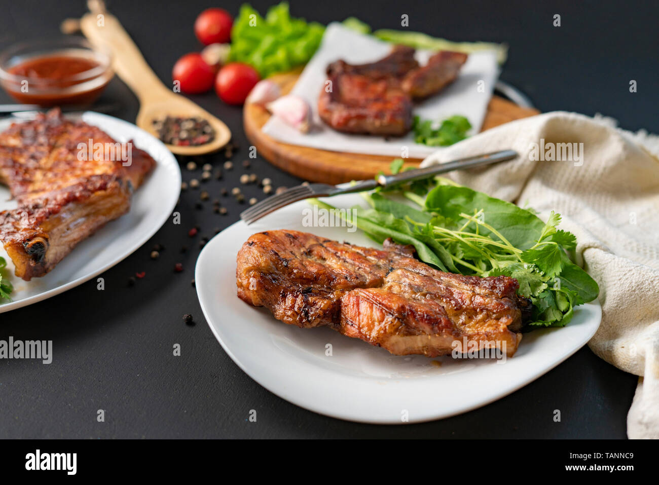 served meal in the plates, junk dinner, food in the restaurant Stock ...