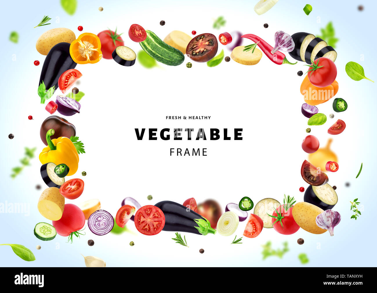 Vegetable isolated on white background, frame made of different flying ...