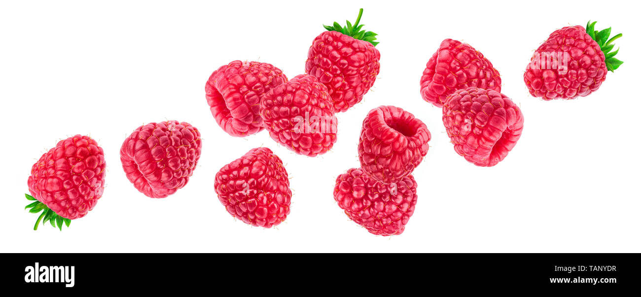 Raspberry isolated on white background, falling raspberries, collection ...