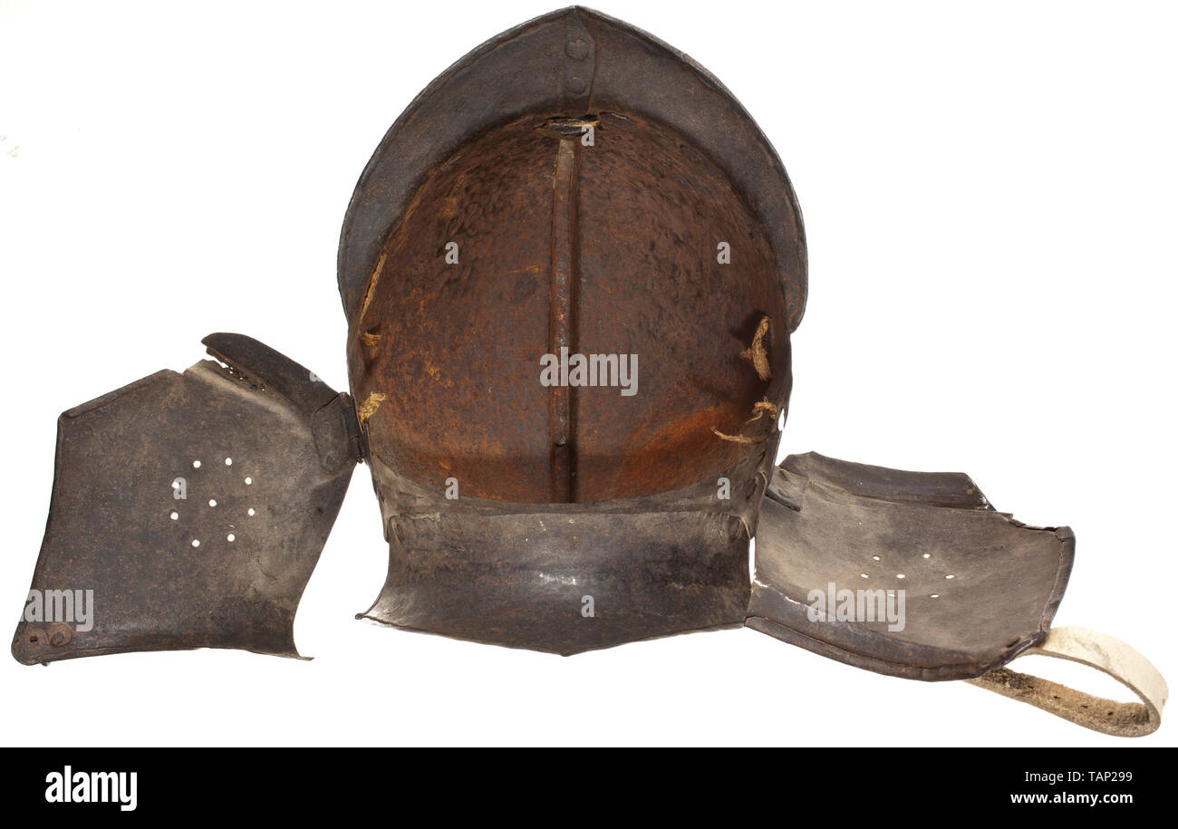 A South German burgonet, circa 1600 Two-piece blackened skull with ...