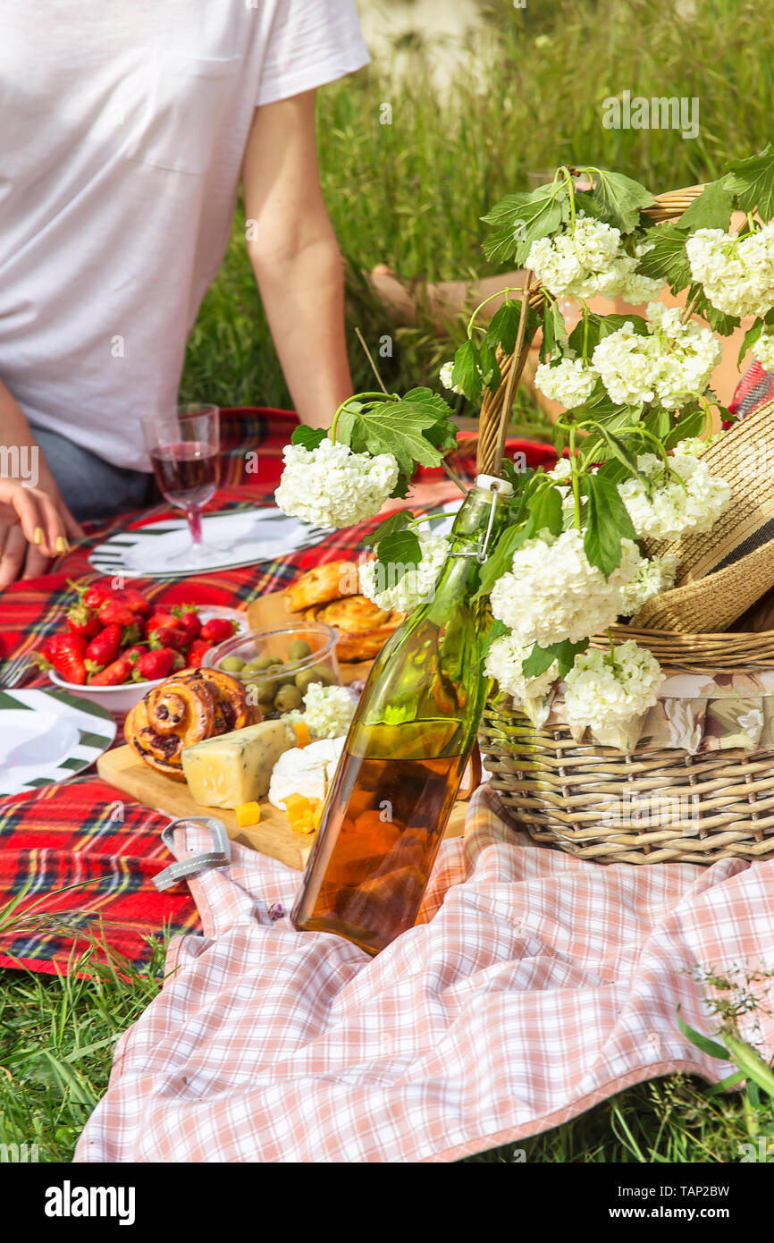 A bottle of wine stands near the basket with a picnic with girls Stock ...