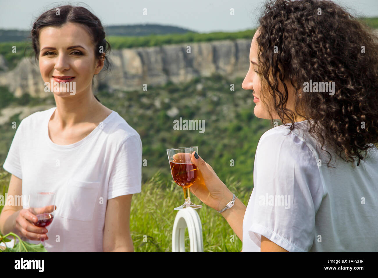Two young girls drink wine at a picnic in nature. Summer and spring ...