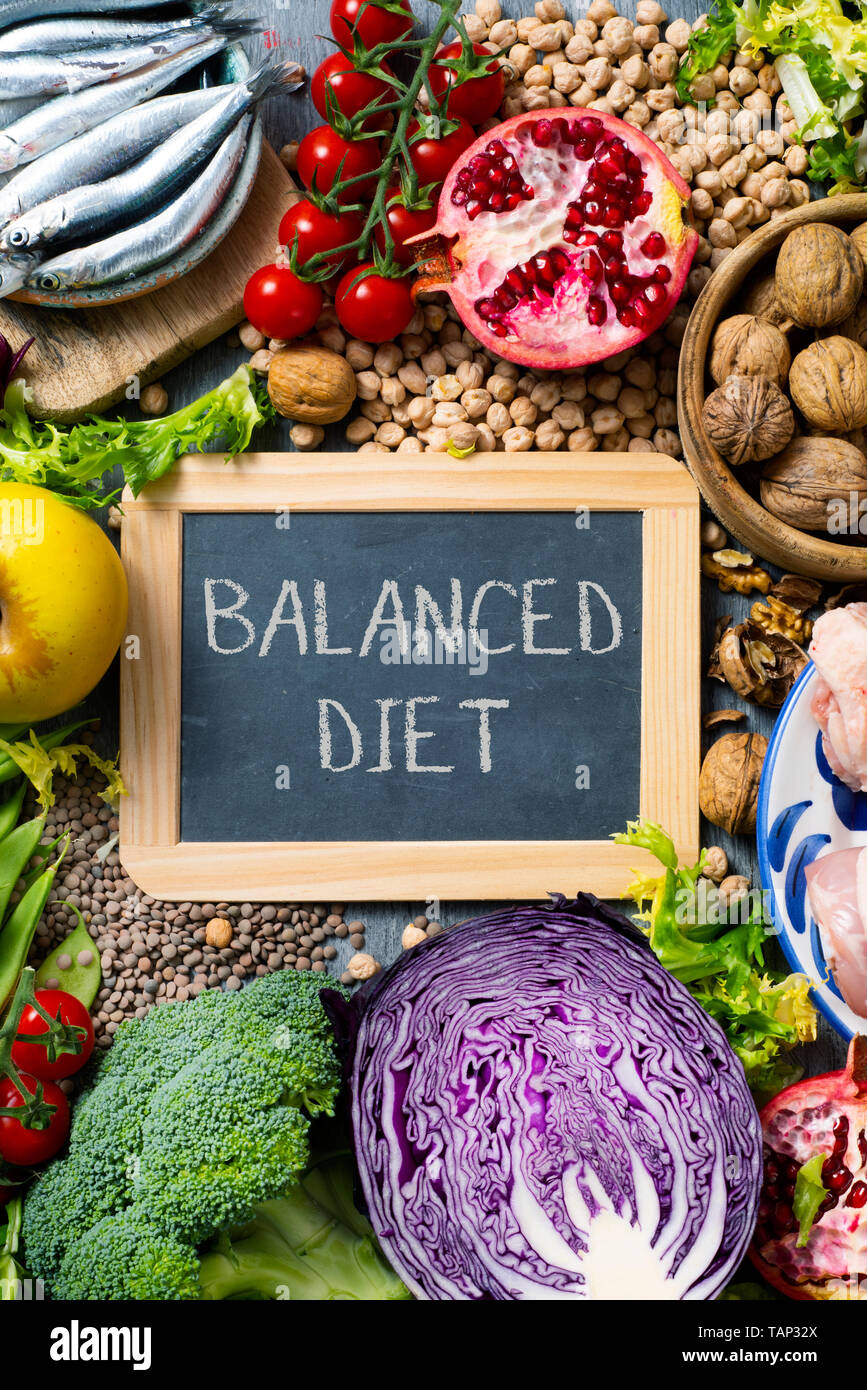 a chalkboard with the text balanced diet written in it, on a table full ...