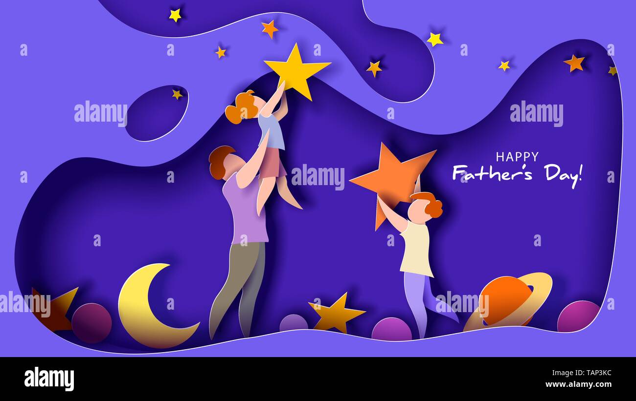 Father lifting up to the sky his daughter to put stars. Happy fathers ...