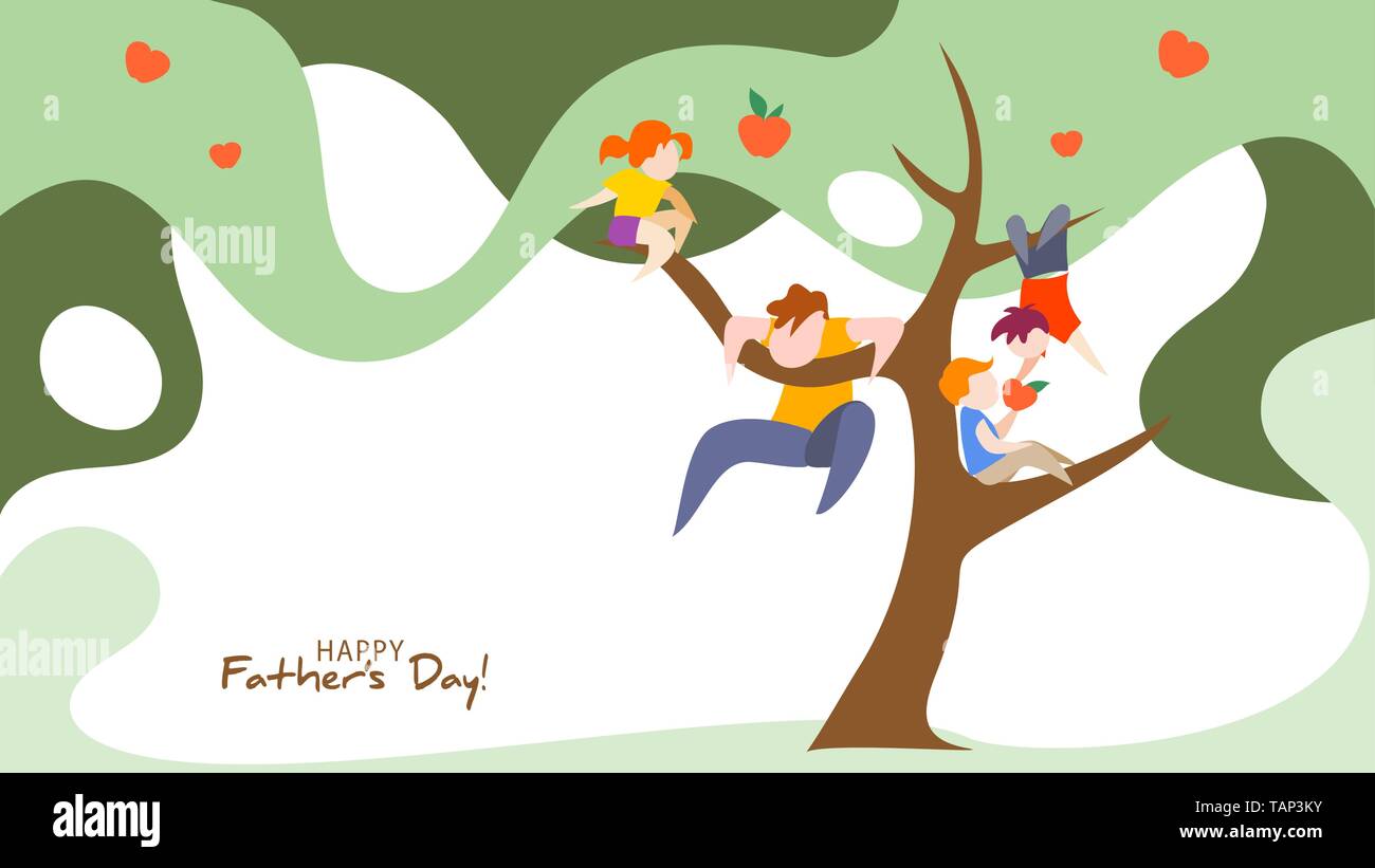 Father and children climbed a tree for fun. Happy fathers day card ...