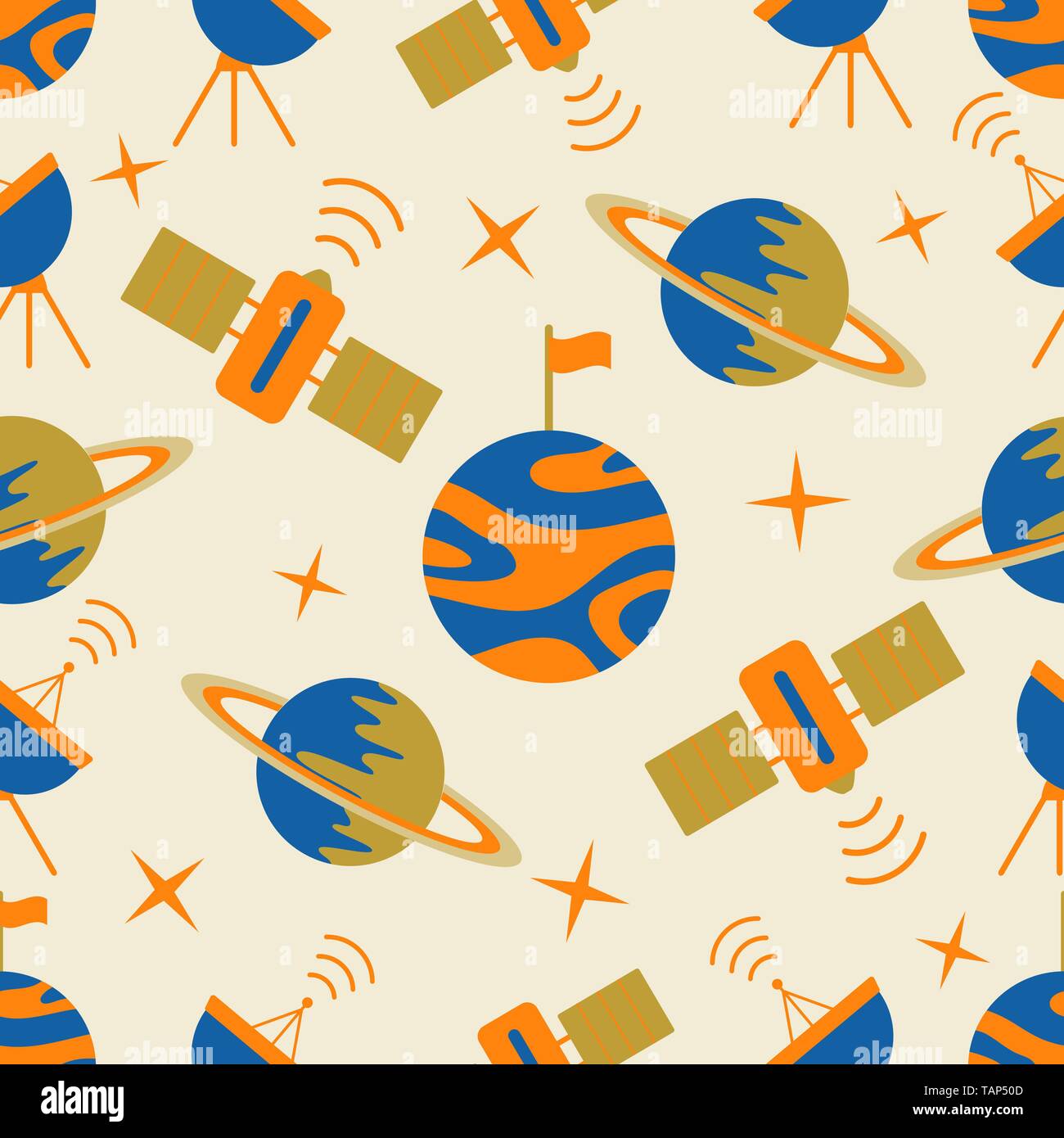 Seamless vector pattern with planets, Saturn, stars, orbital station ...