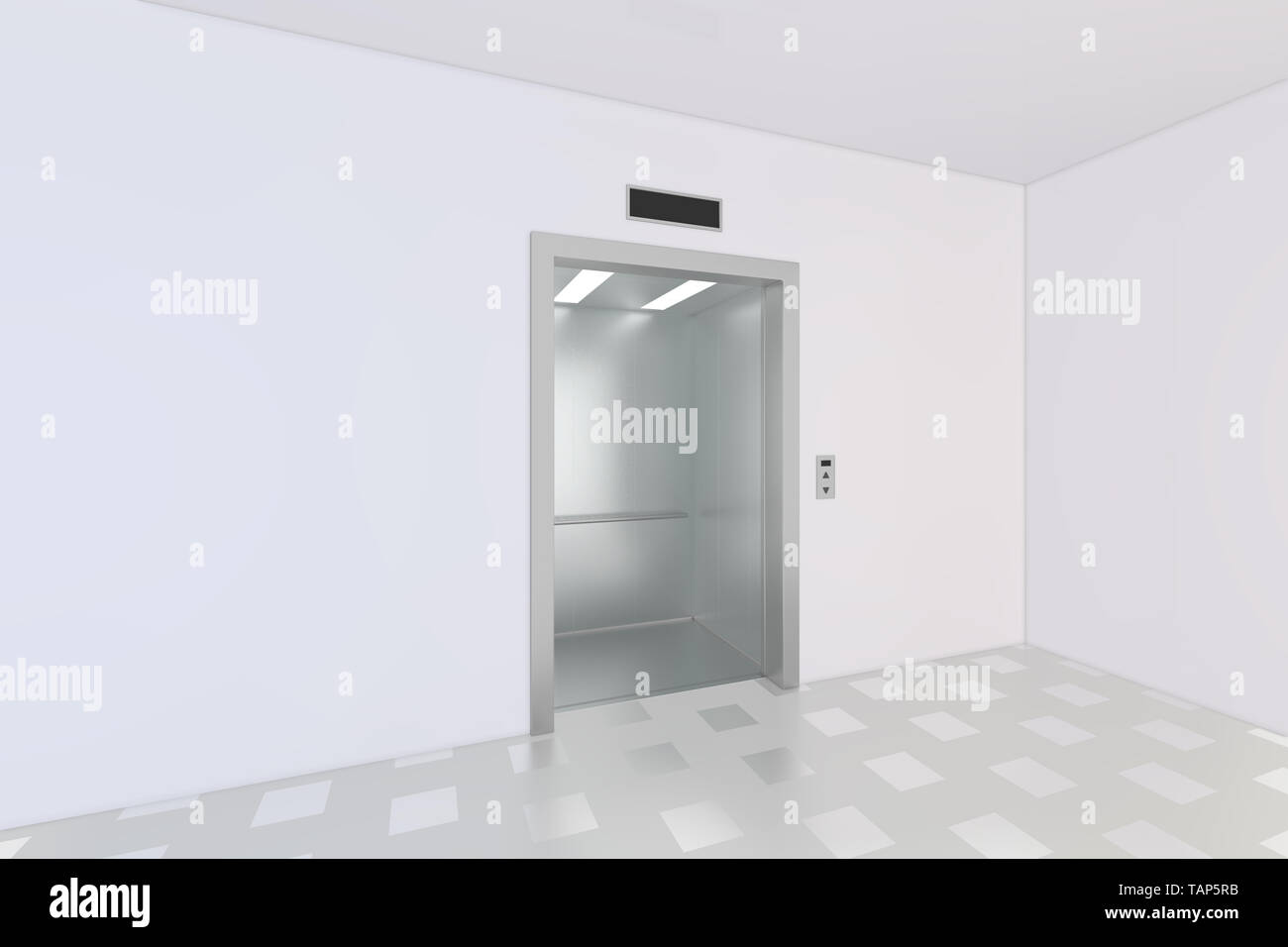 An empty modern elevator or lift with metal doors that are open Stock ...