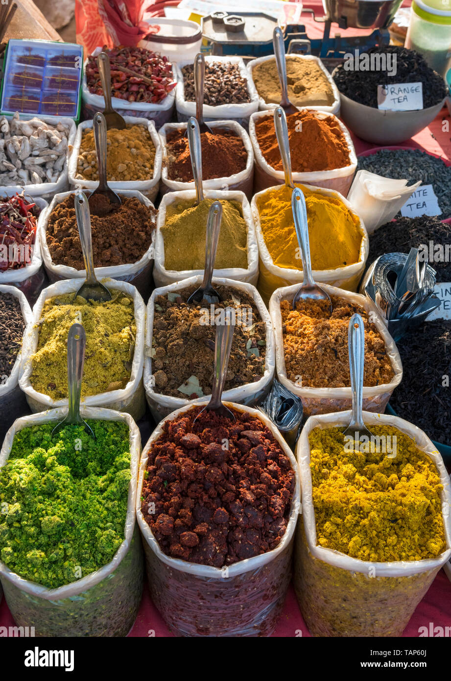 Spices, herbs and curry powders on display at Anjuna Beach Flea Market ...