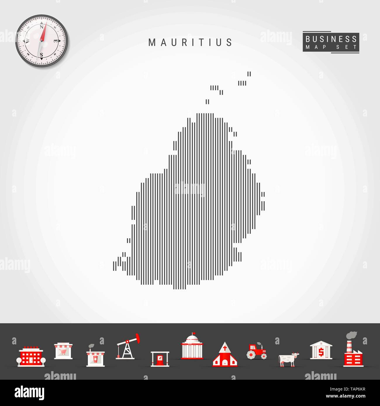 Vector Vertical Lines Map of Mauritius. Striped Silhouette of Mauritius. Realistic Compass ...