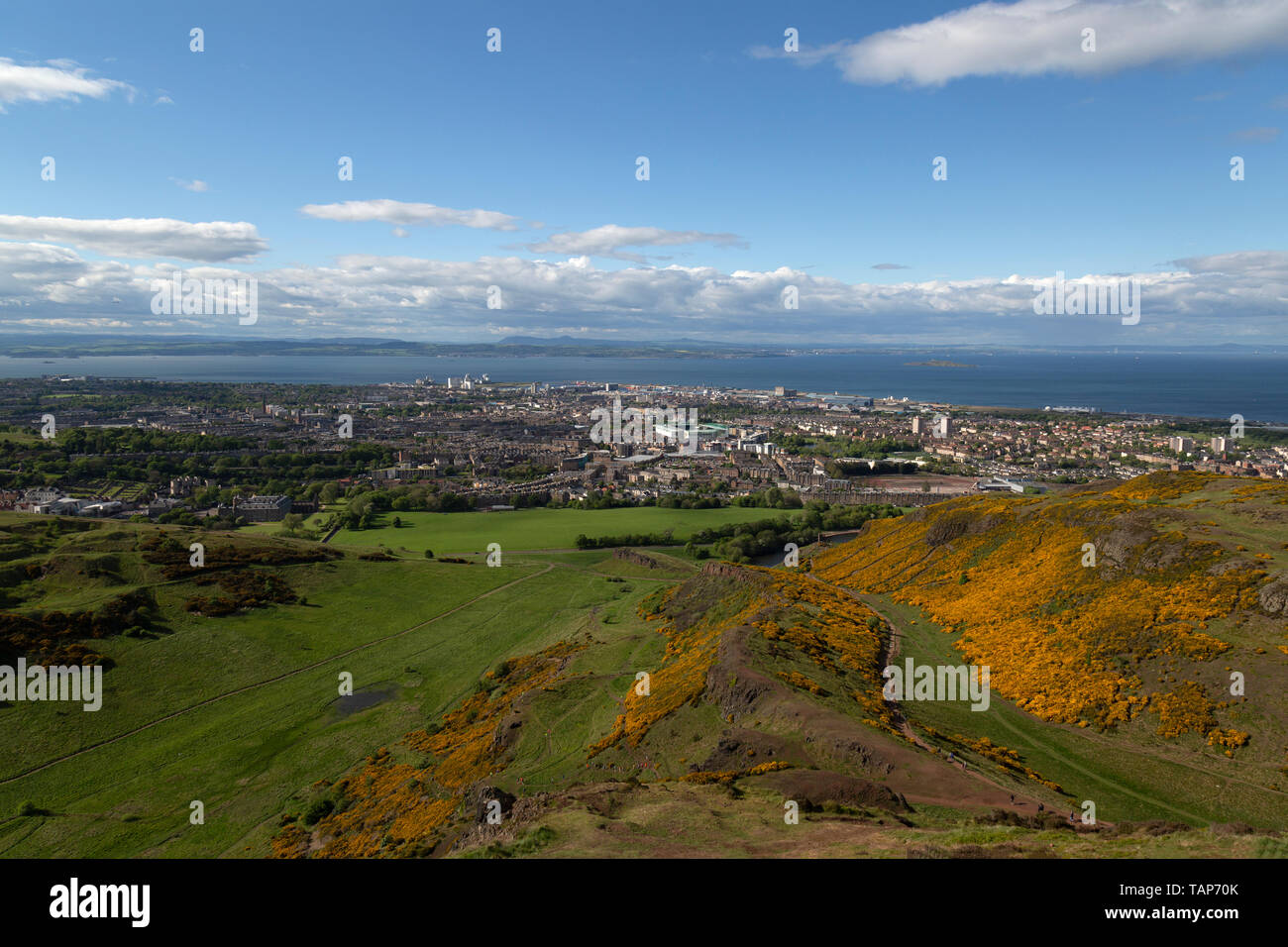 View looking down across Edinburgh in Scotland from the ancient Hill ...