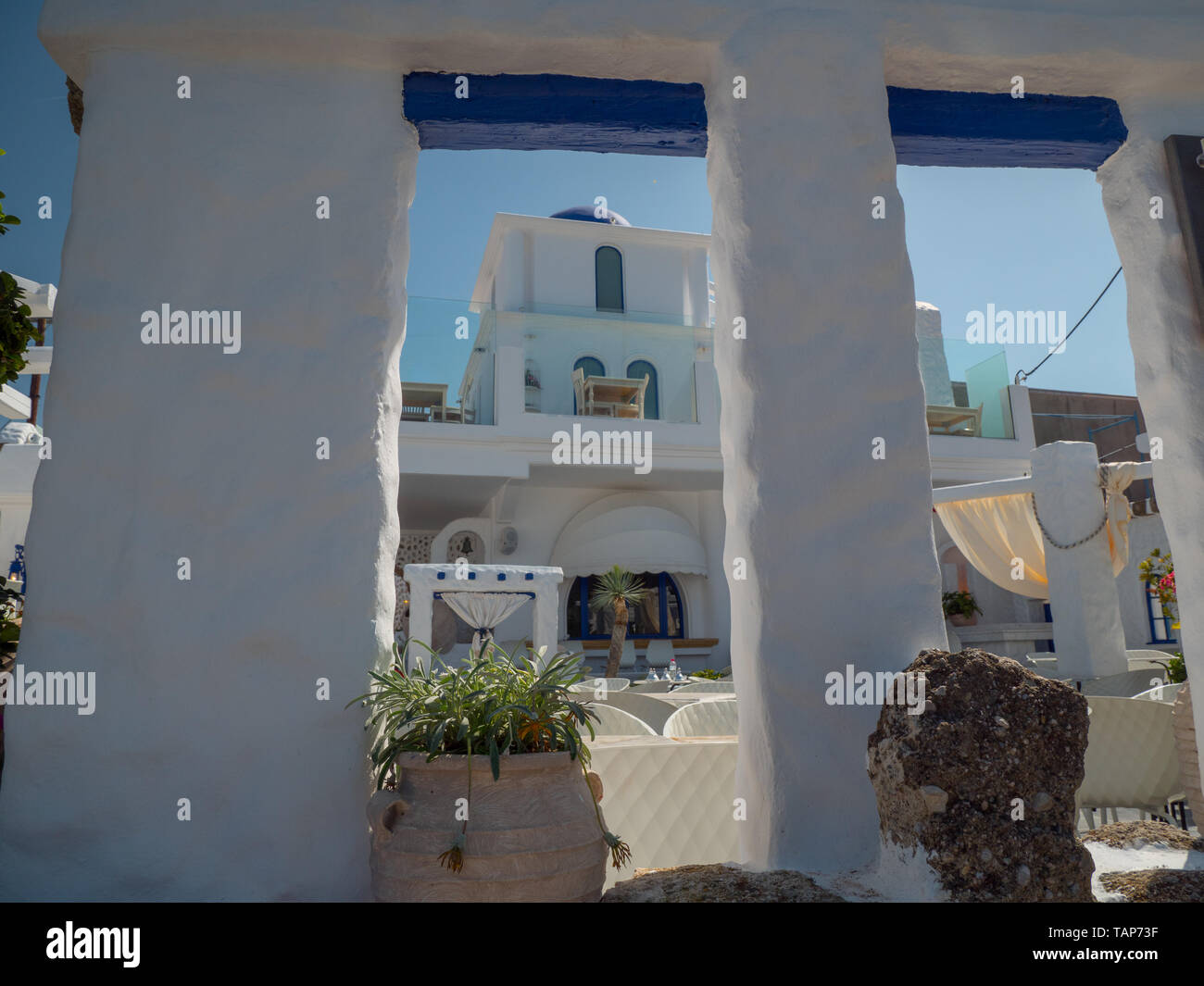 Santorini greek style decoration building blue windows Stock Photo - Alamy