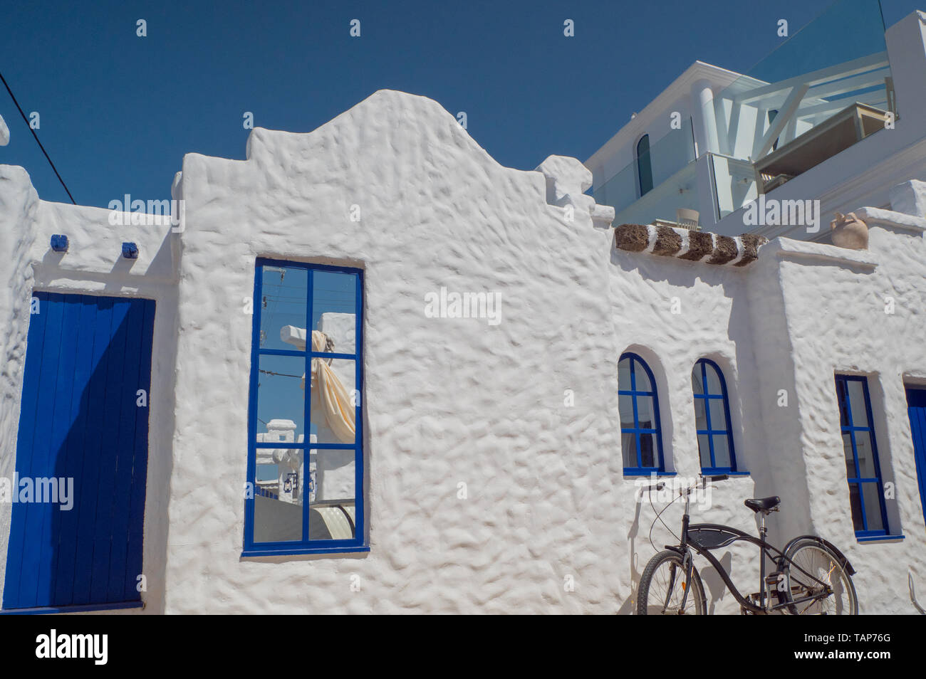 Santorini greek style decoration building blue windows Stock Photo - Alamy
